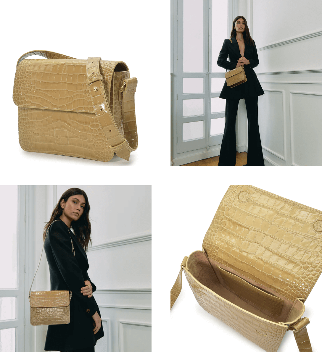 Bandolera cuadrada grabada en coco Beige de Leandra | efimero