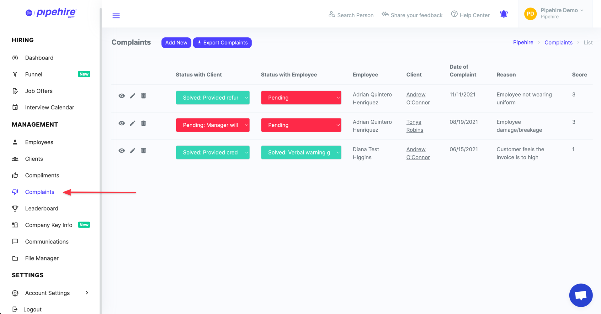 How to export employee complaints.