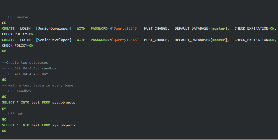 Define SQL Server database permissions for development team
