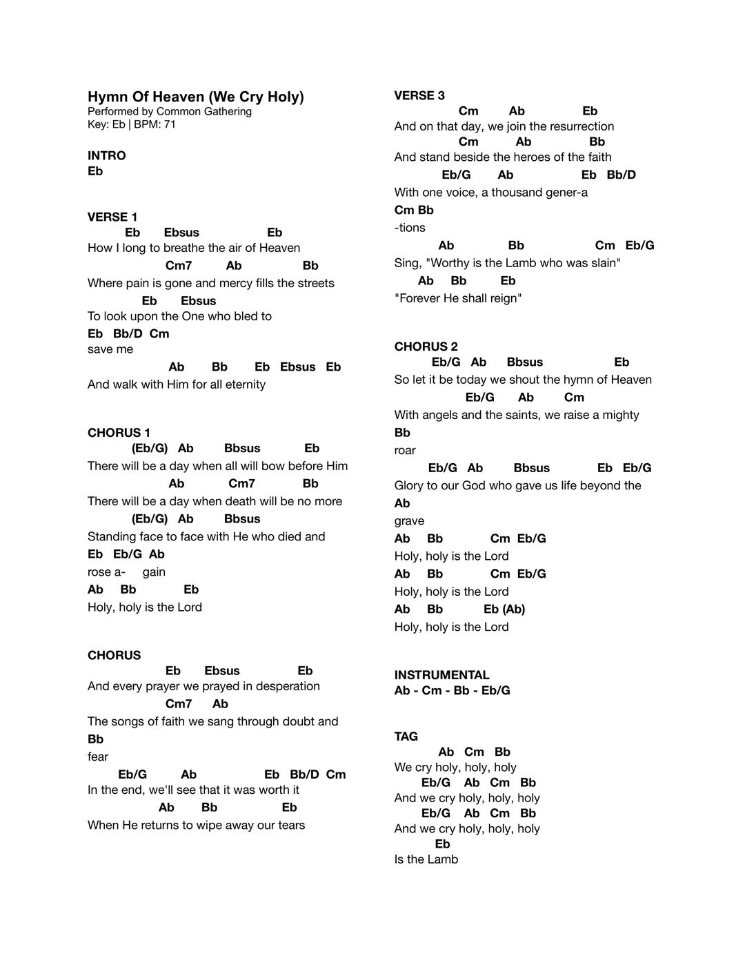 Hymn Of Heaven (We Cry Holy)