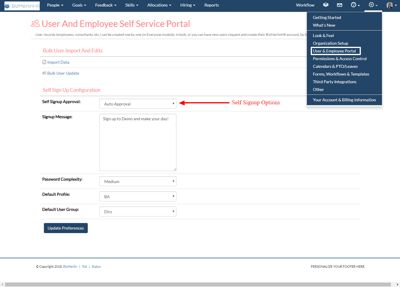 Defining Self Sign Up Options