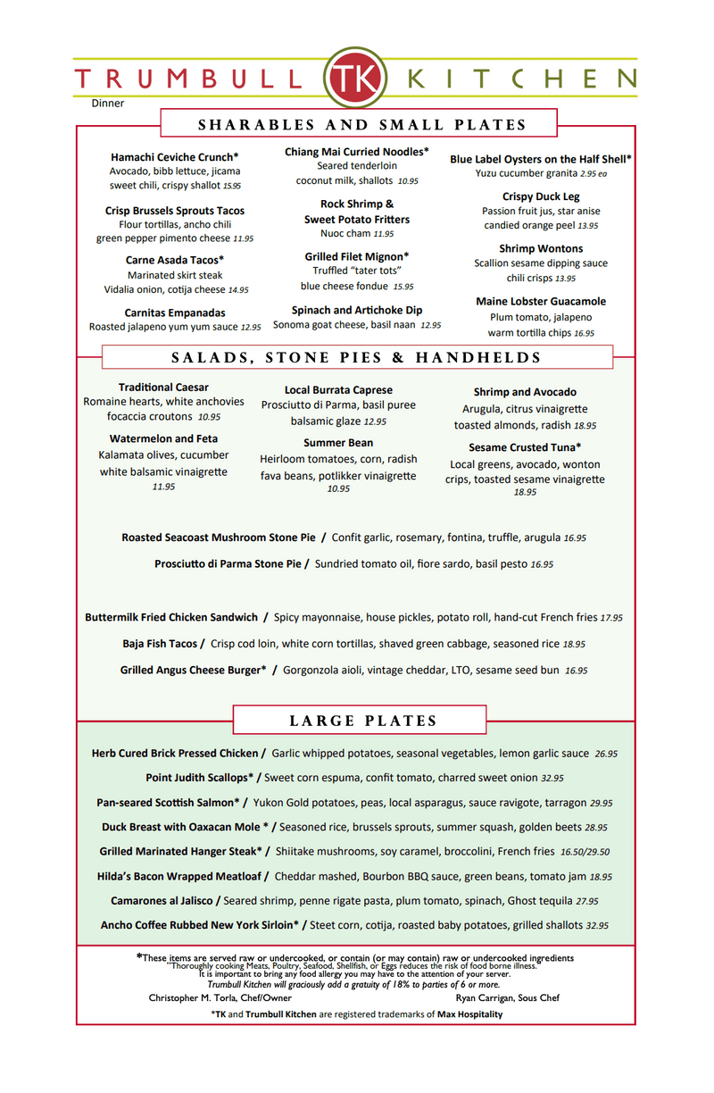 Dinner Menu | Trumbull Kitchen | Max Hospitality
