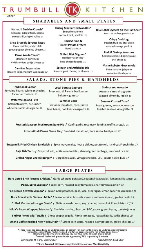 Dinner Menu | Trumbull Kitchen | Max Hospitality