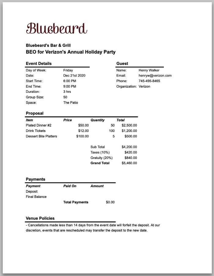Free BEO Banquet Event Order Template To Download