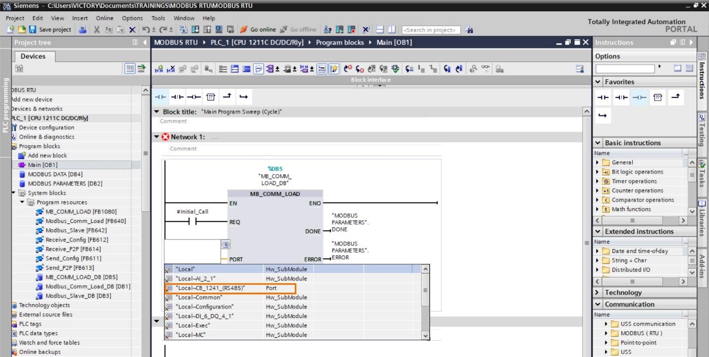 Configuring Modbus RTU Communication in Siemens TIA Portal