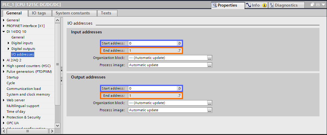 S7-1200 PLC Configuration - CPU Digital IO Settings