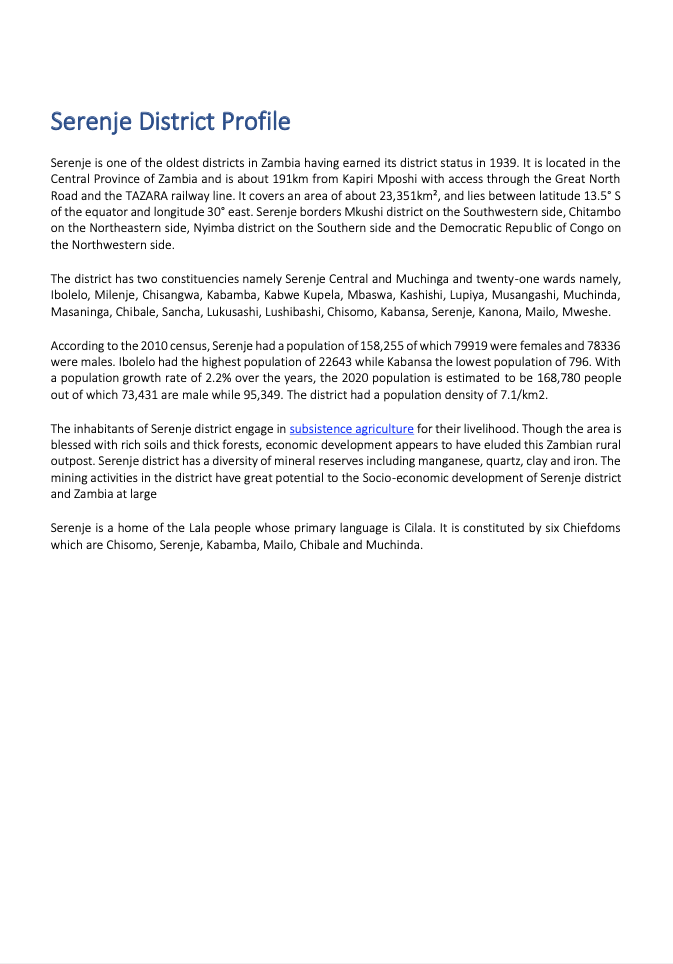 Serenje District Profile