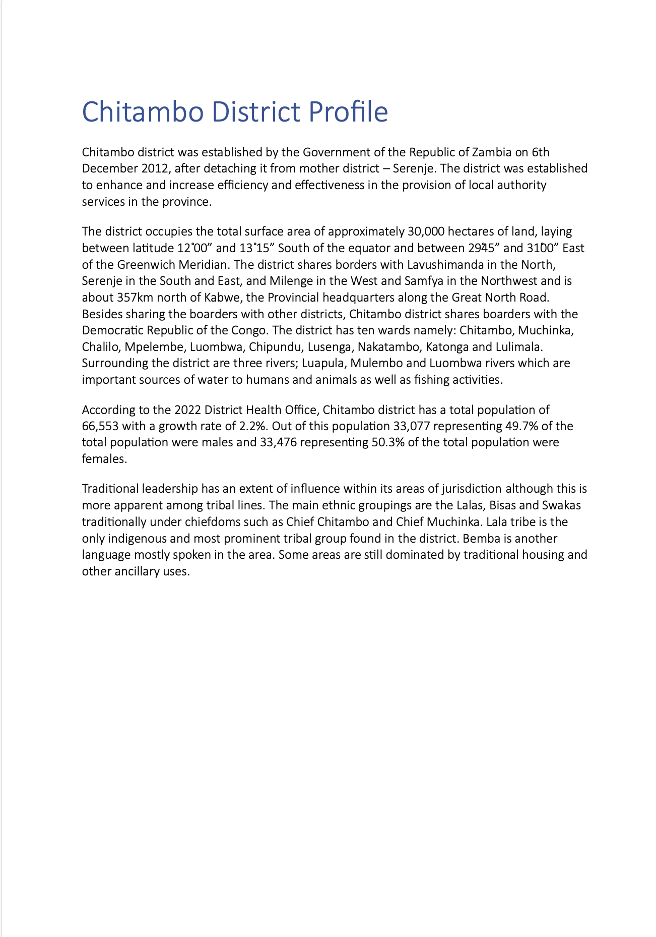 Chitambo District Profile