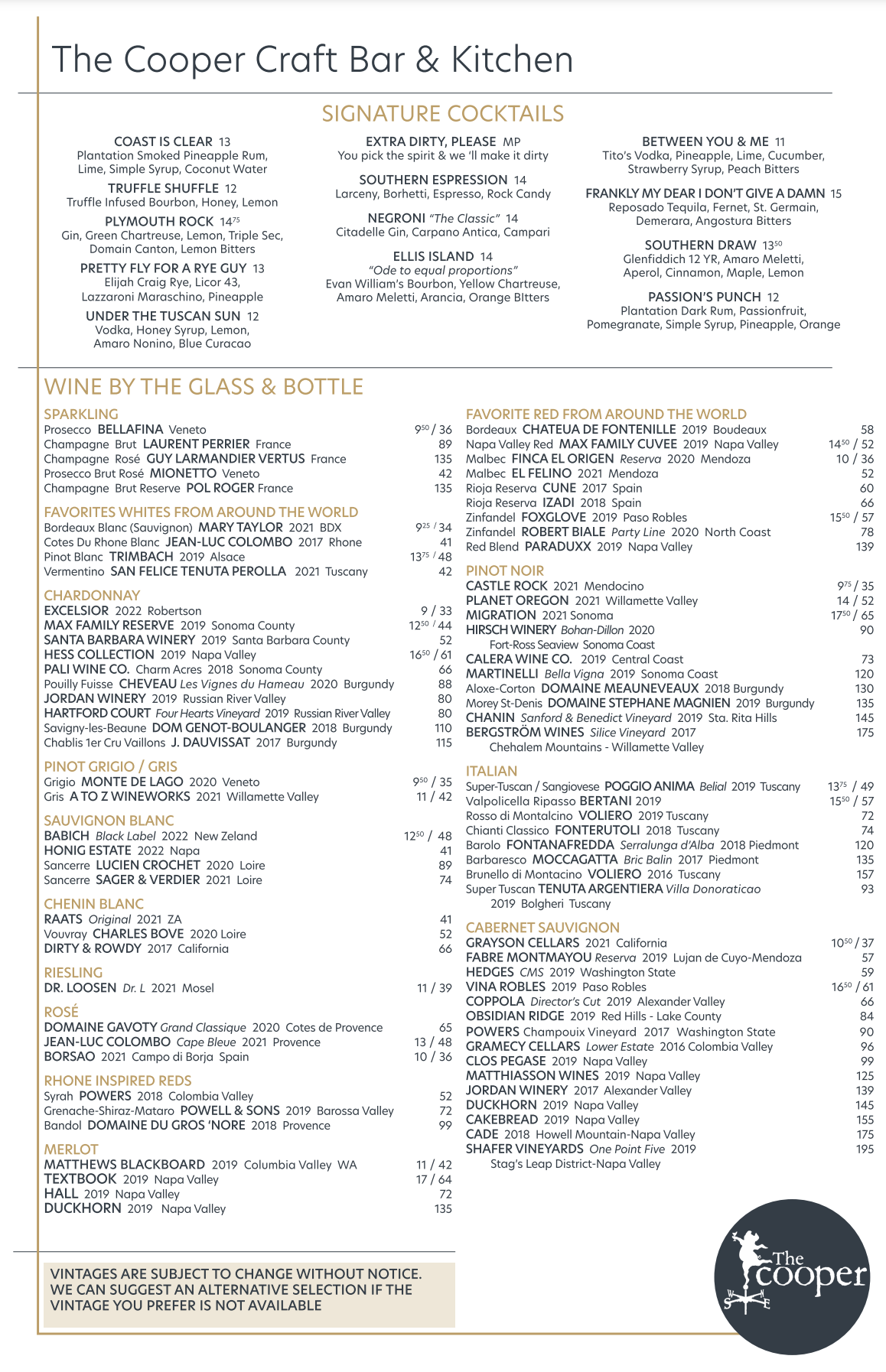 Beverage Menu | The Cooper Restaurant | Max Hospitality