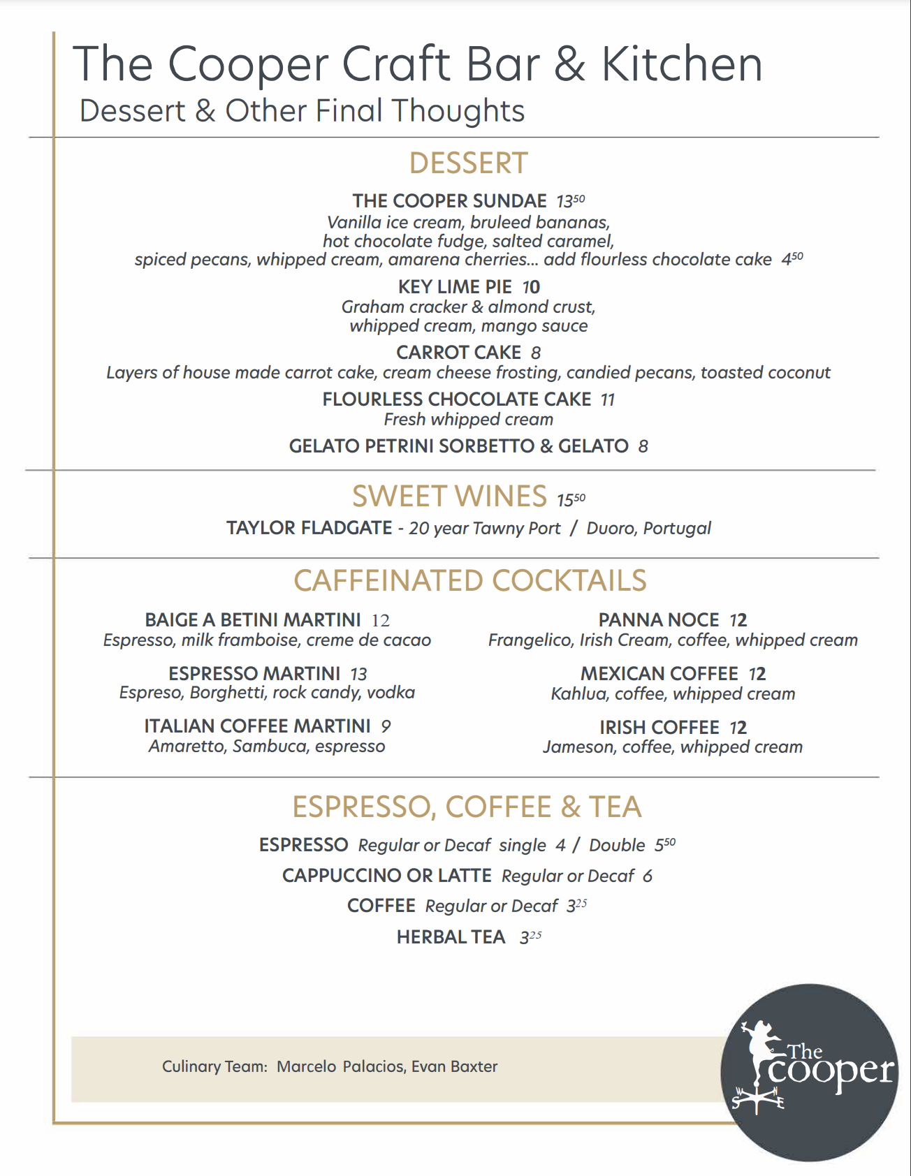 Dessert Menu | The Cooper Restaurant | Max Hospitality