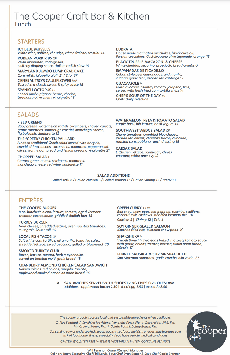 Lunch Menu | The Cooper Restaurant