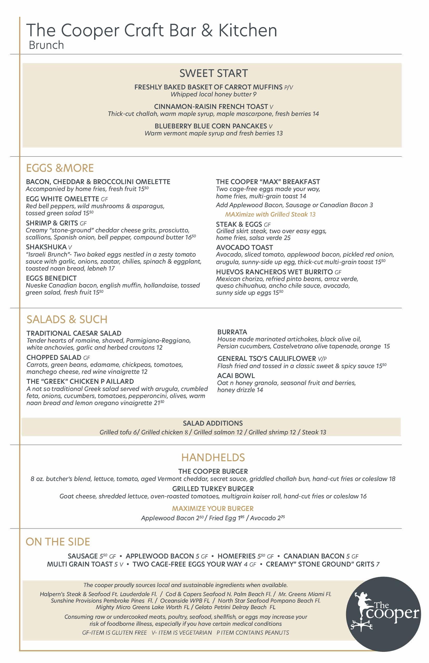 Brunch Menu | The Cooper Restaurant | Palm Beach Gardens, FL