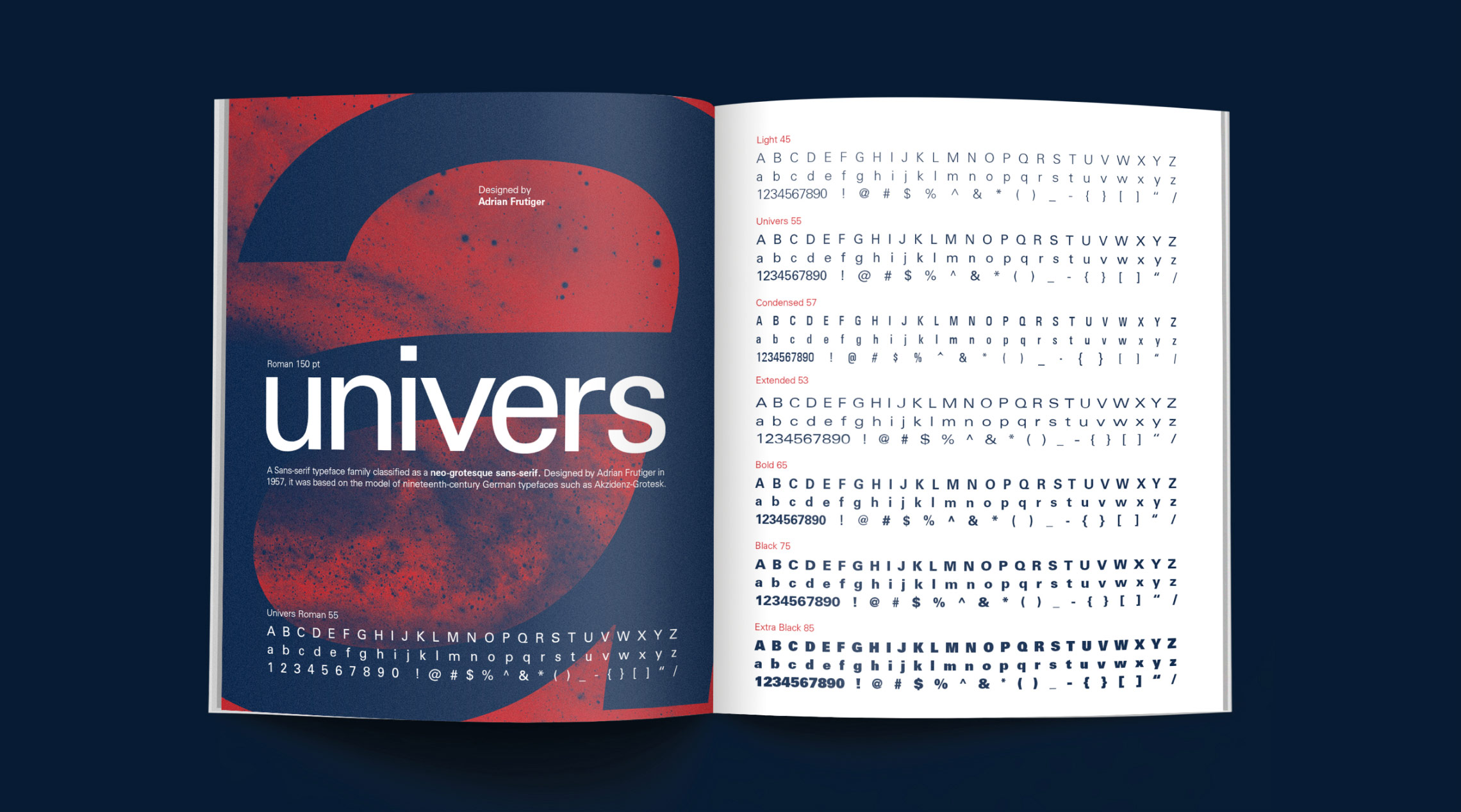 Univers type specimen book design by Oscar Aldana, graphic designer in ...
