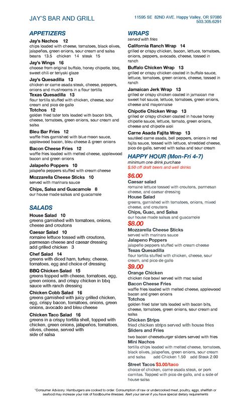 Jay's Bar & Grill - Food & Drink Menus