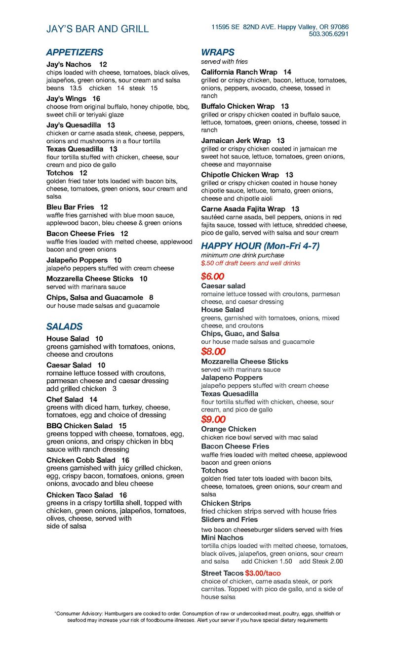 Jay's Bar & Grill - Food & Drink Menus