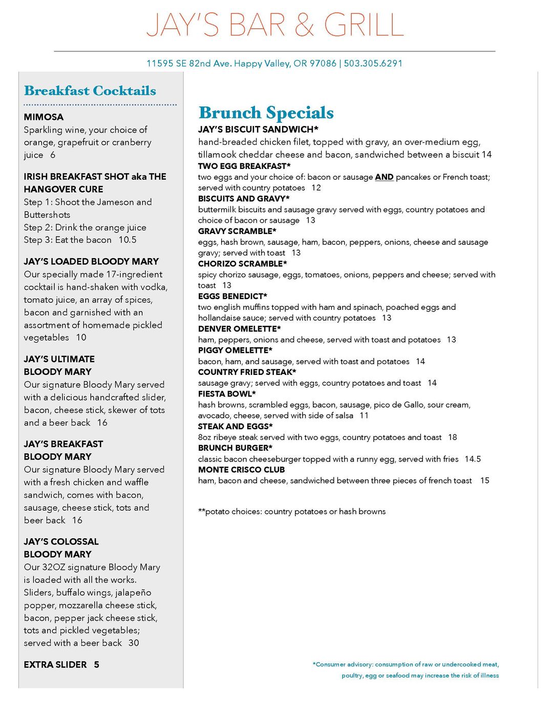 Jay's Bar & Grill - Food & Drink Menus