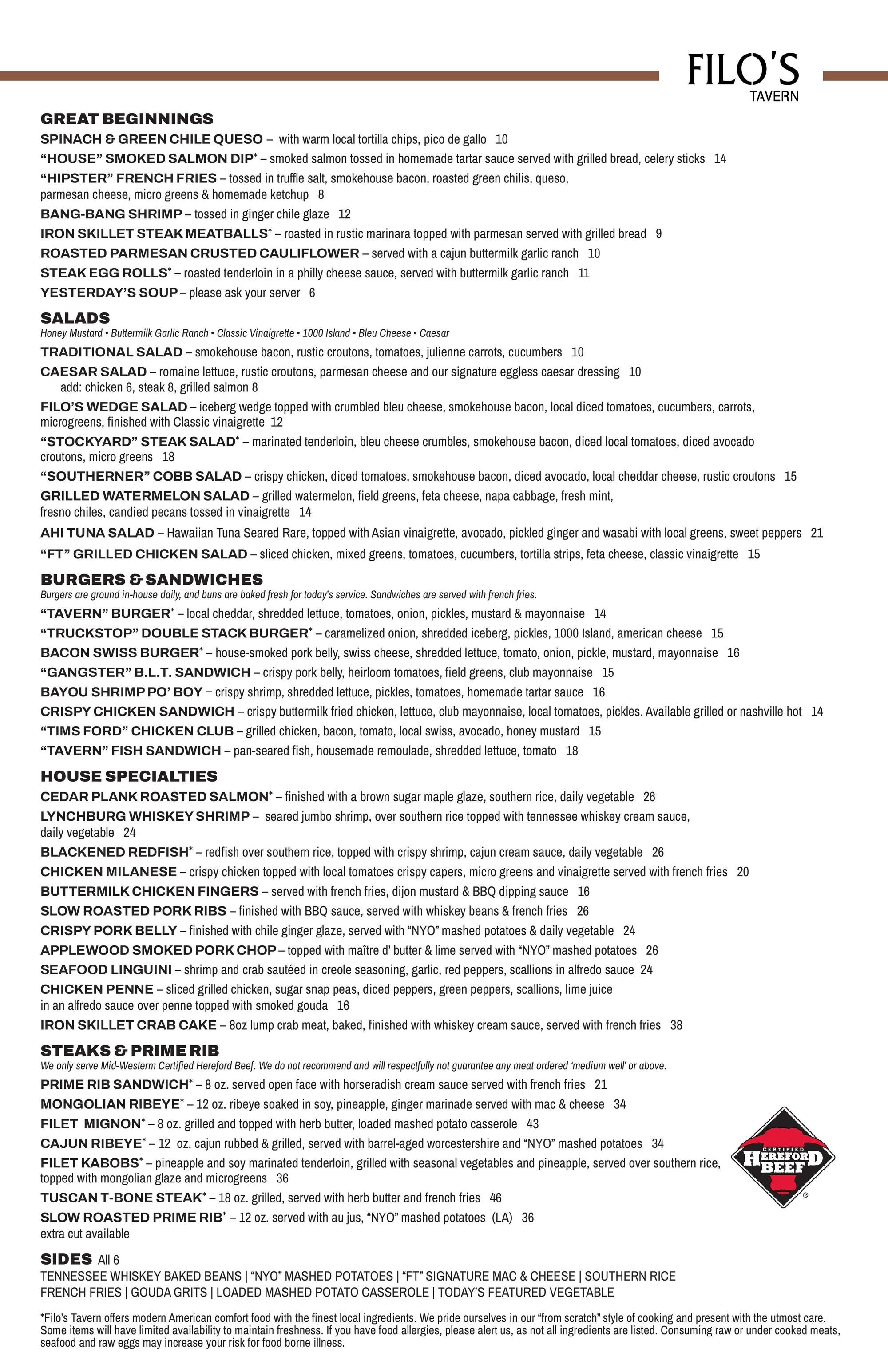 Filo's Tavern - Menu